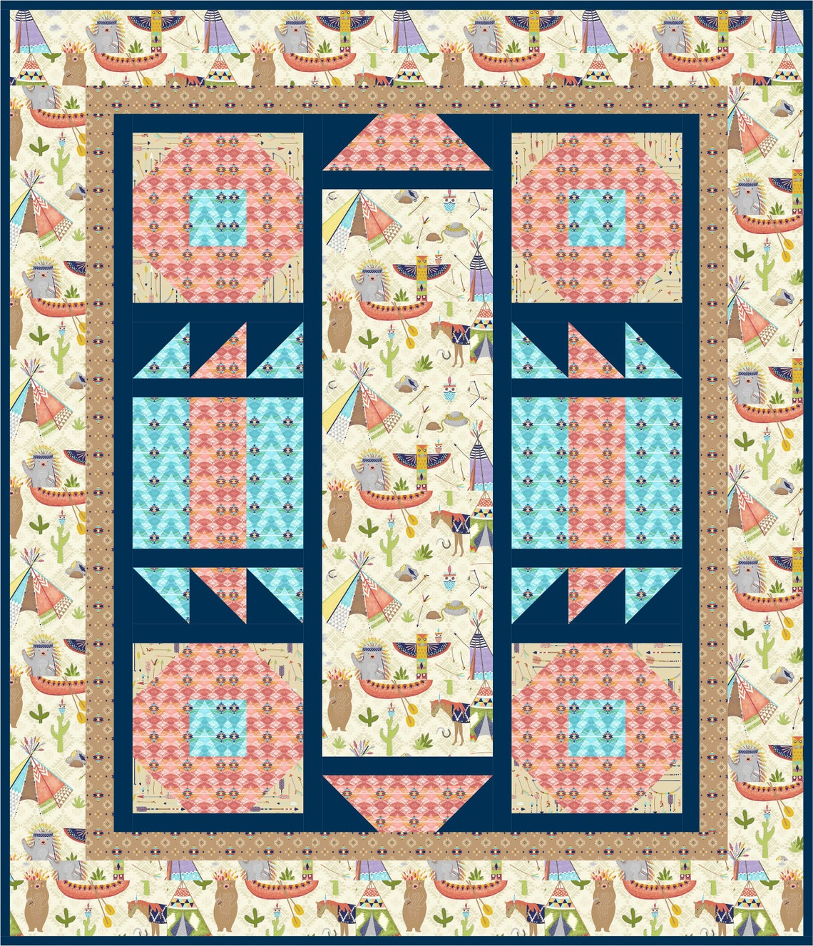 Pow Wow Aztec Design on Tan Fabric by Exclusively Quilters | Etsy