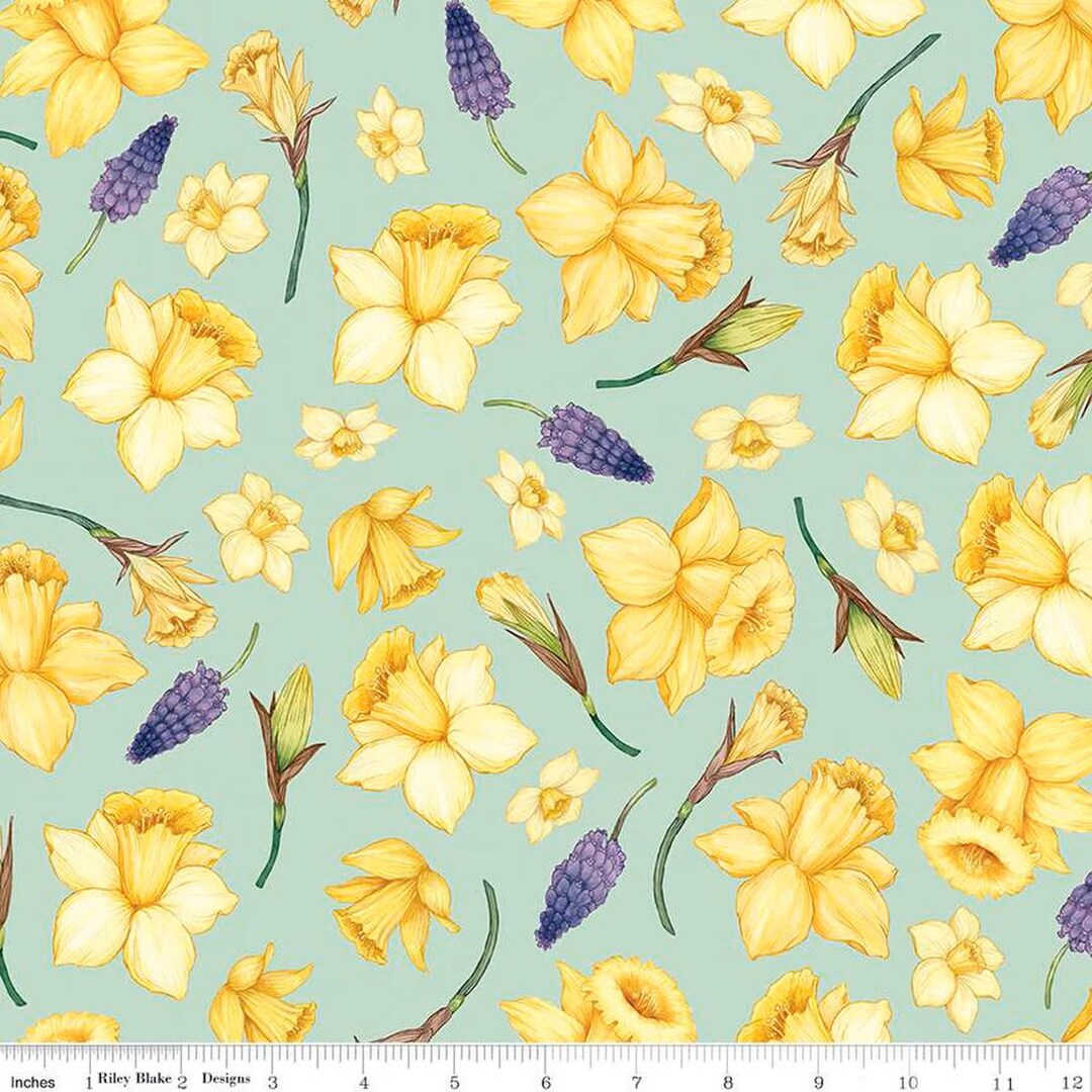 Daffodils Fabric: Yellow Floral Print on Mint - Riley Blake Designs - Etsy