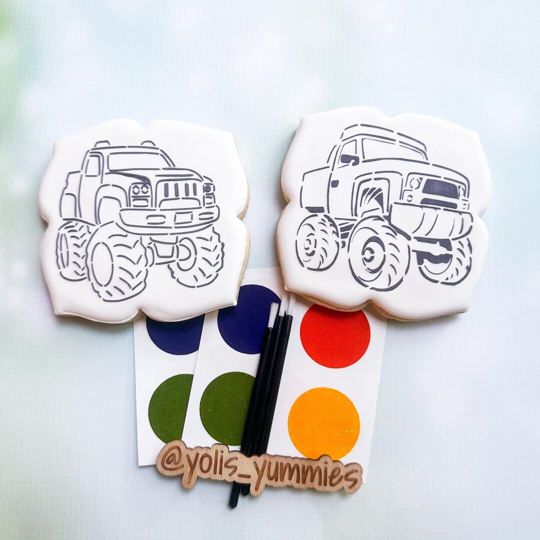 Set of 10 PYO Cookies, 10 Paint Your Own Cookie, PYO Monster Truck Cookies, Kids Party ...