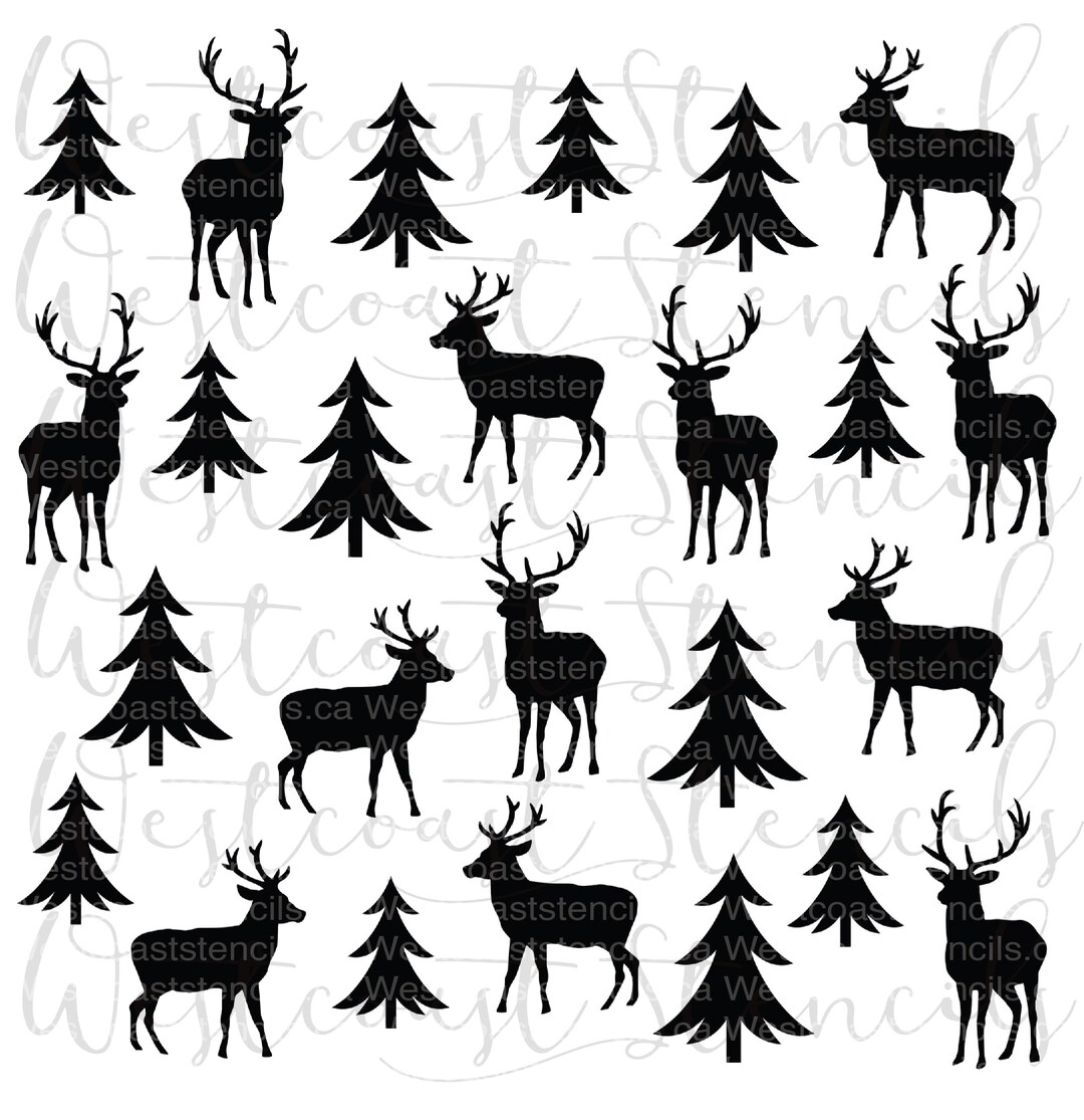 Dear and Trees Stencil, Winter Season Stencil, Background Stencil ...