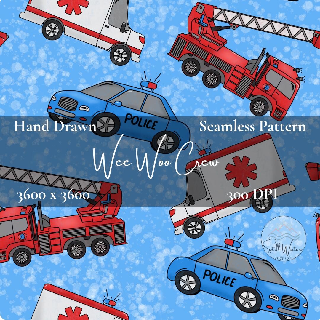 Emergency Vehicles Seamless Pattern: Hand-drawn Fire Truck, Ambulance ...