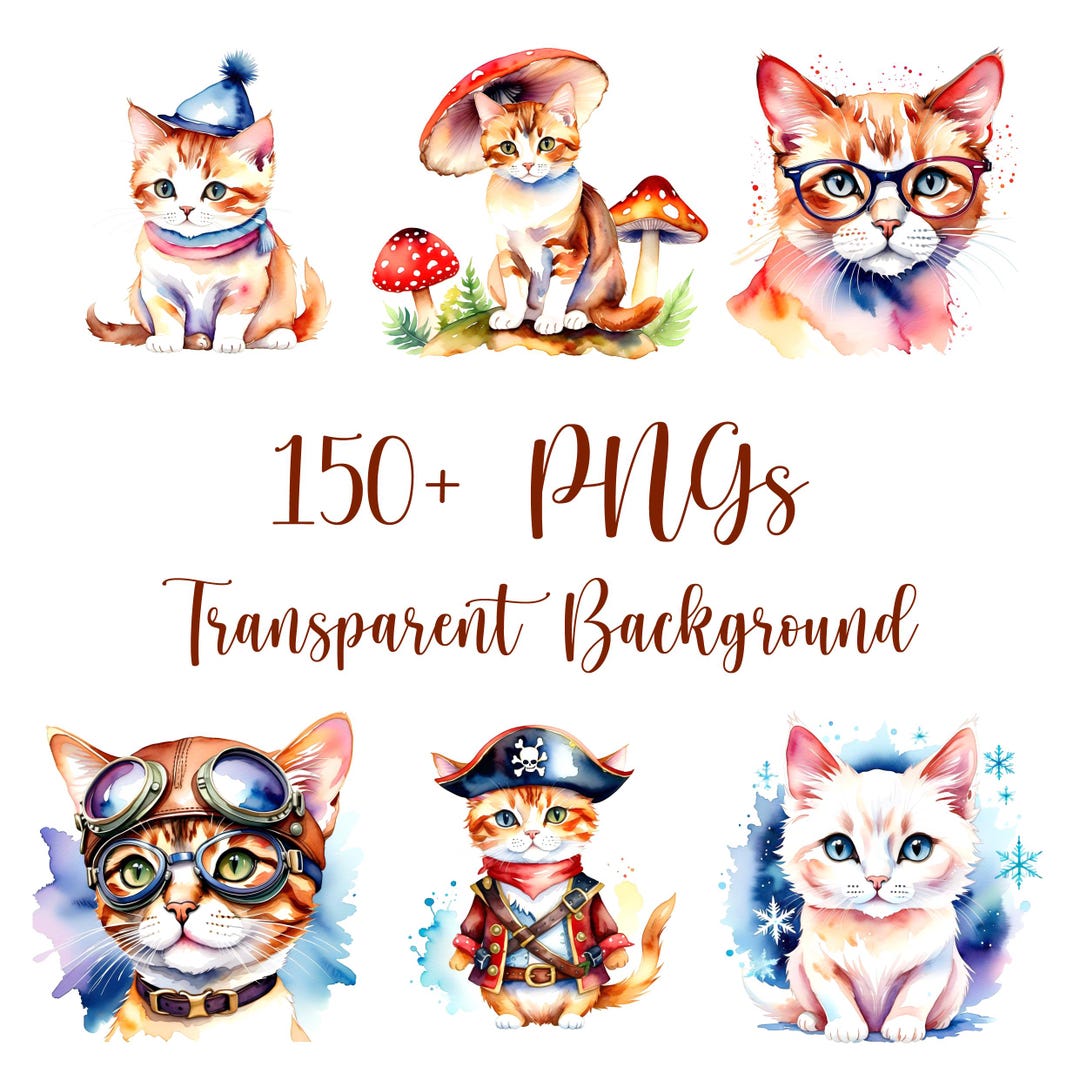 150+ Cute Cat Watercolor Clip Art Bundle: Commercial Use, Digital ...