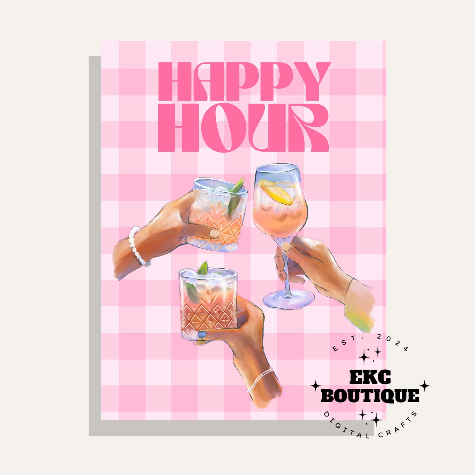Happy Hour Pink Plaid Digital Poster – Fun Minimalist Art W/ Three ...