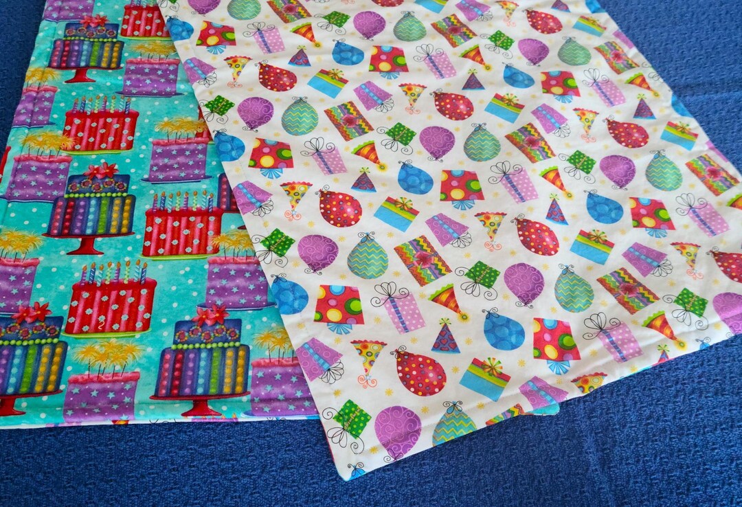 Birthday Cake Table Runner Reversible. Side 1 Has Colorful Cakes and ...
