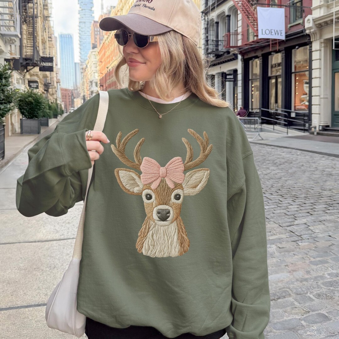 Faux Yarn Crochet Deer With Pink Bow Sweatshirt Holiday Sweater for ...