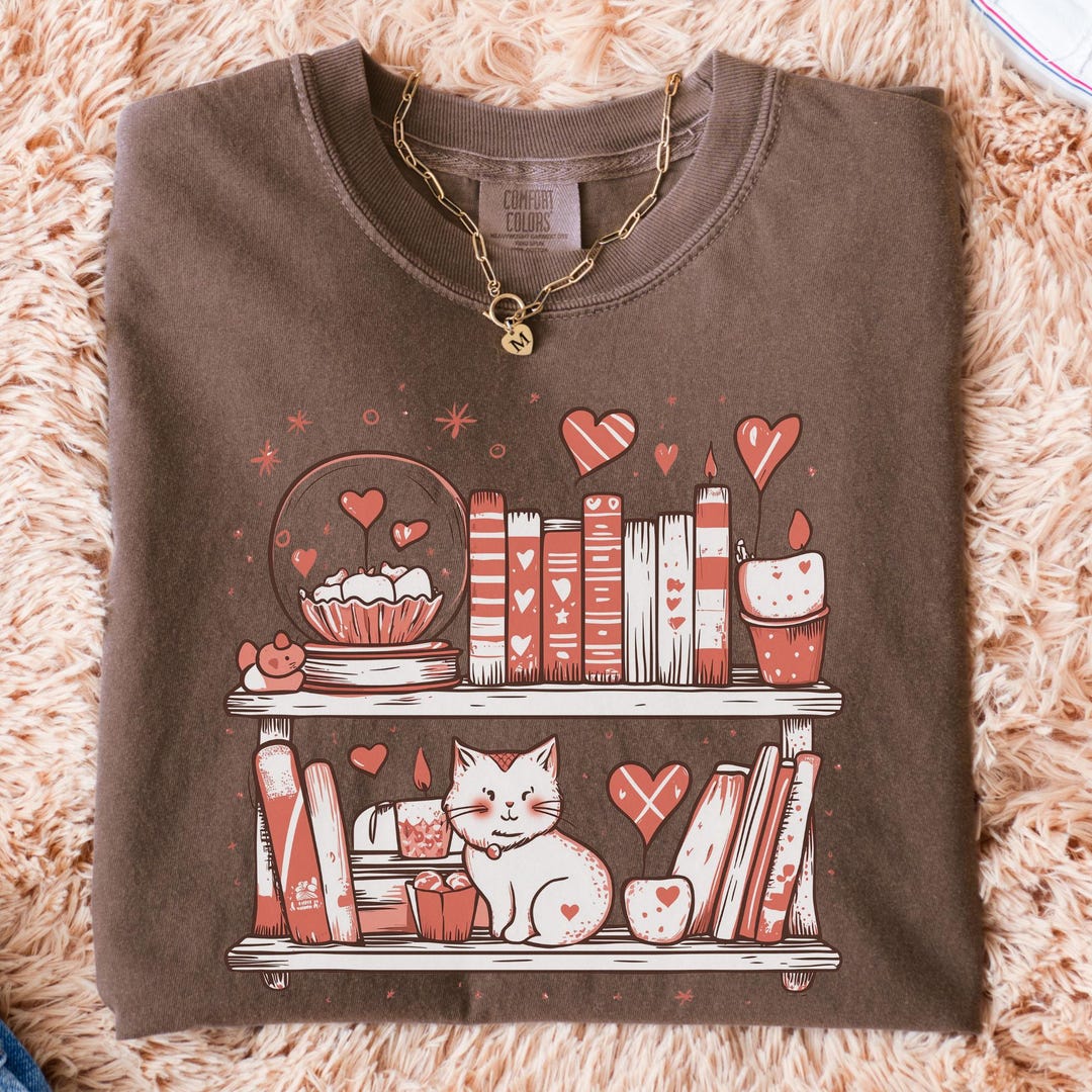 Comfort Colors® Valentines Bookshelf Shirt Valentine Cat Tee Bookish ...