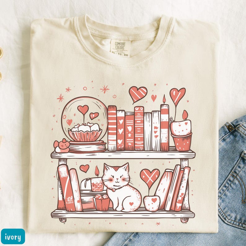 Comfort Colors® Valentines Bookshelf Shirt Valentine Cat Tee Bookish ...
