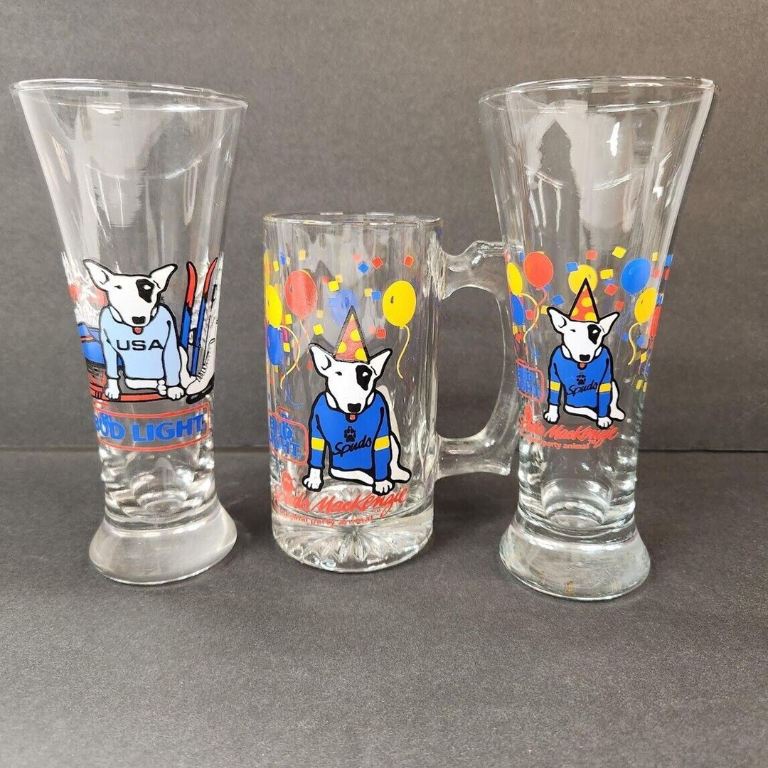 3 Vintage Spuds Mackenzie Beer Glasses 1987 USA Skiing Party Animal Bud ...