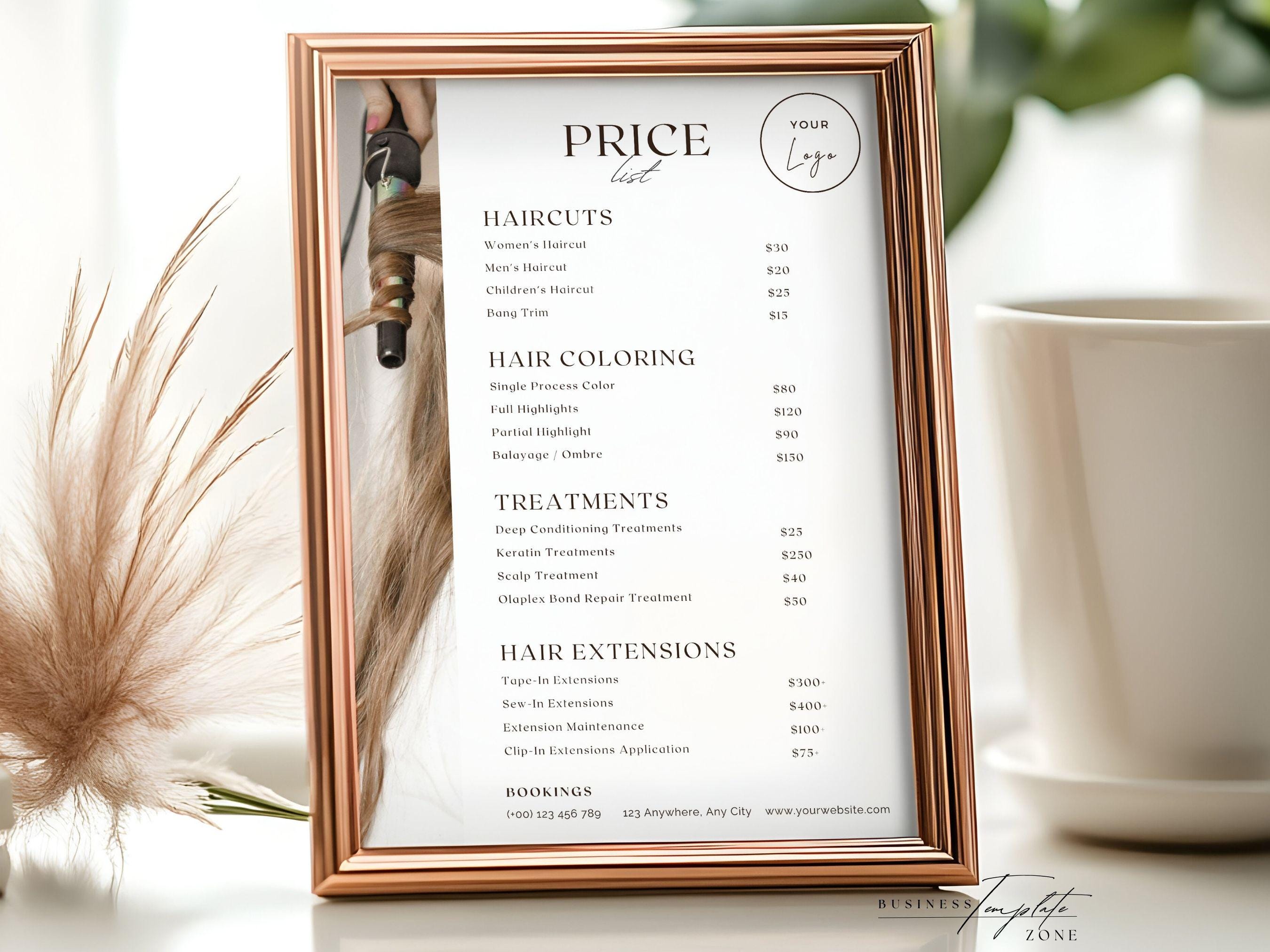 Hair Salon Price List Editable Template, Printable Hairstylist Flyer ...