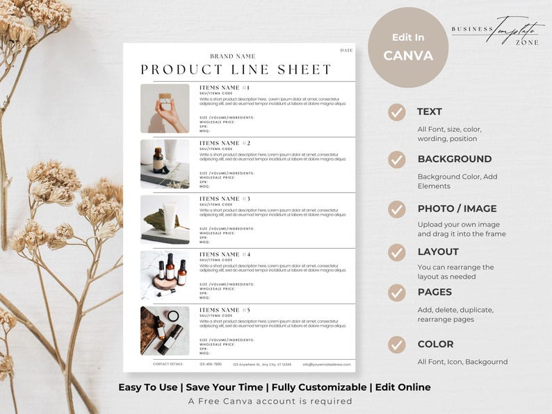 Editable Product Line Sheet Template, Wholesale Order Form, Products ...