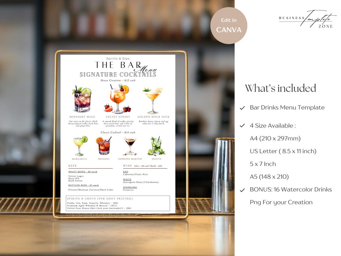 Modello di menu del bar, listino prezzi delle bevande modificabile ...