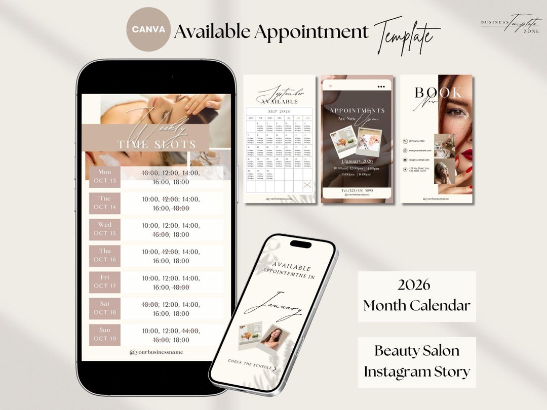 Beauty Salon Appointments Calendar Template, Editable Minimalist ...