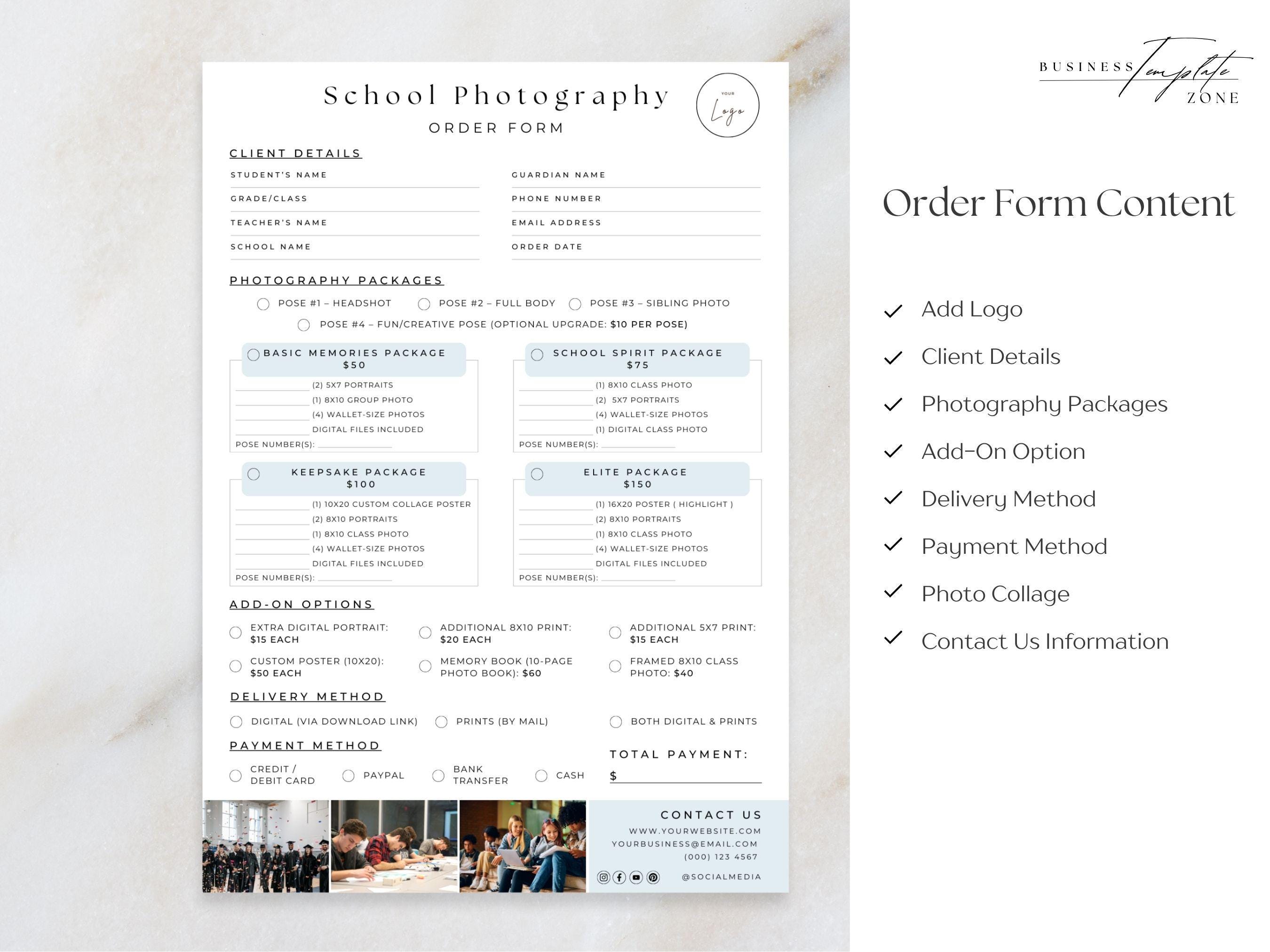 School Photography Order Form, Editable Pre School Photography Invoices ...