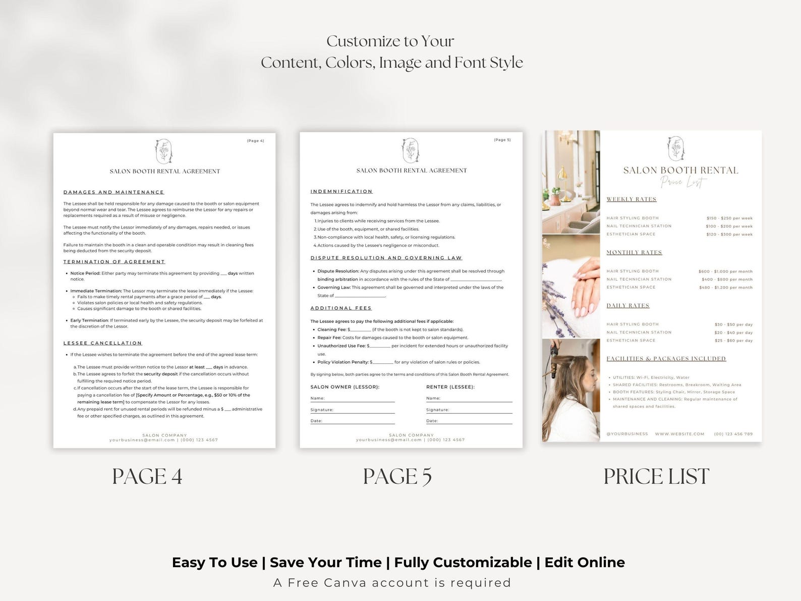 Salon Booth Rental Agreement Contact Template, Editable Salon Station ...