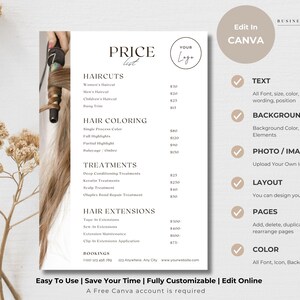 Hair Salon Price List Editable Template, Printable Hairstylist Flyer ...