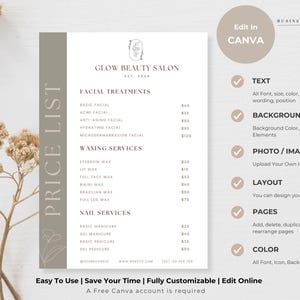 Modern Beauty Salon Price List Template, Printable Facial Menu ...