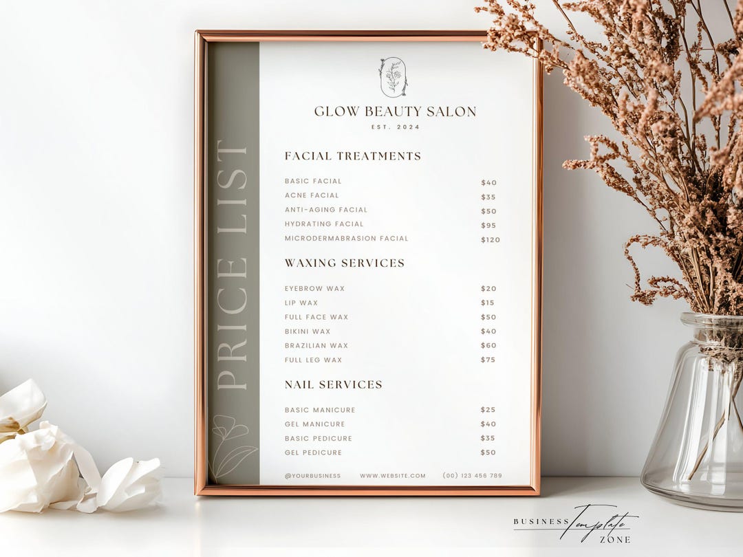 Modern Beauty Salon Price List Template, Printable Facial Menu ...