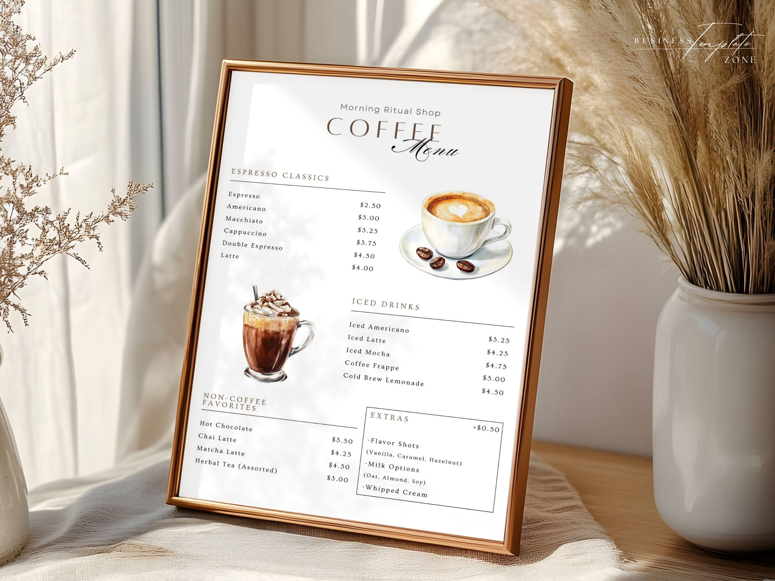Coffee Menu Template, Editable Cafe Price List, Drink Menu Sign ...