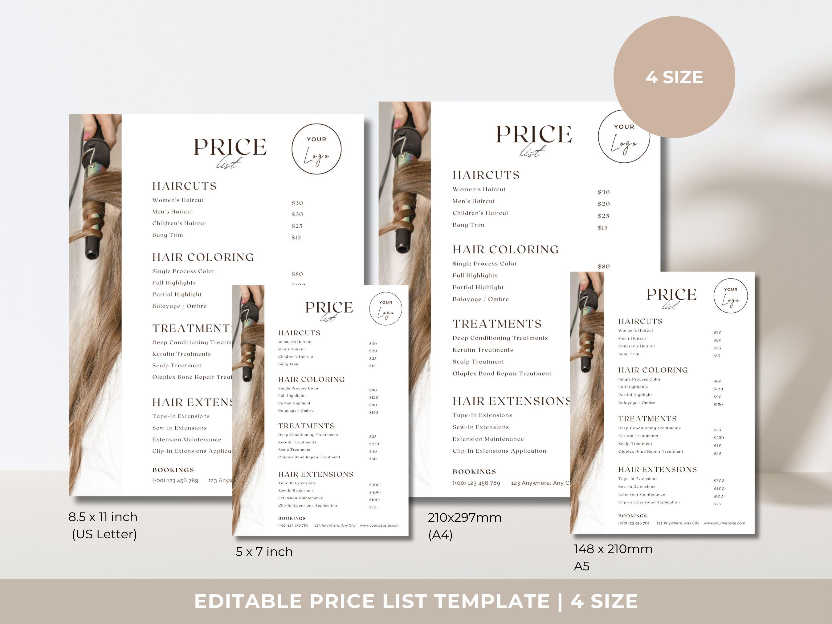 Hair Salon Price List Editable Template, Printable Hairstylist Flyer ...