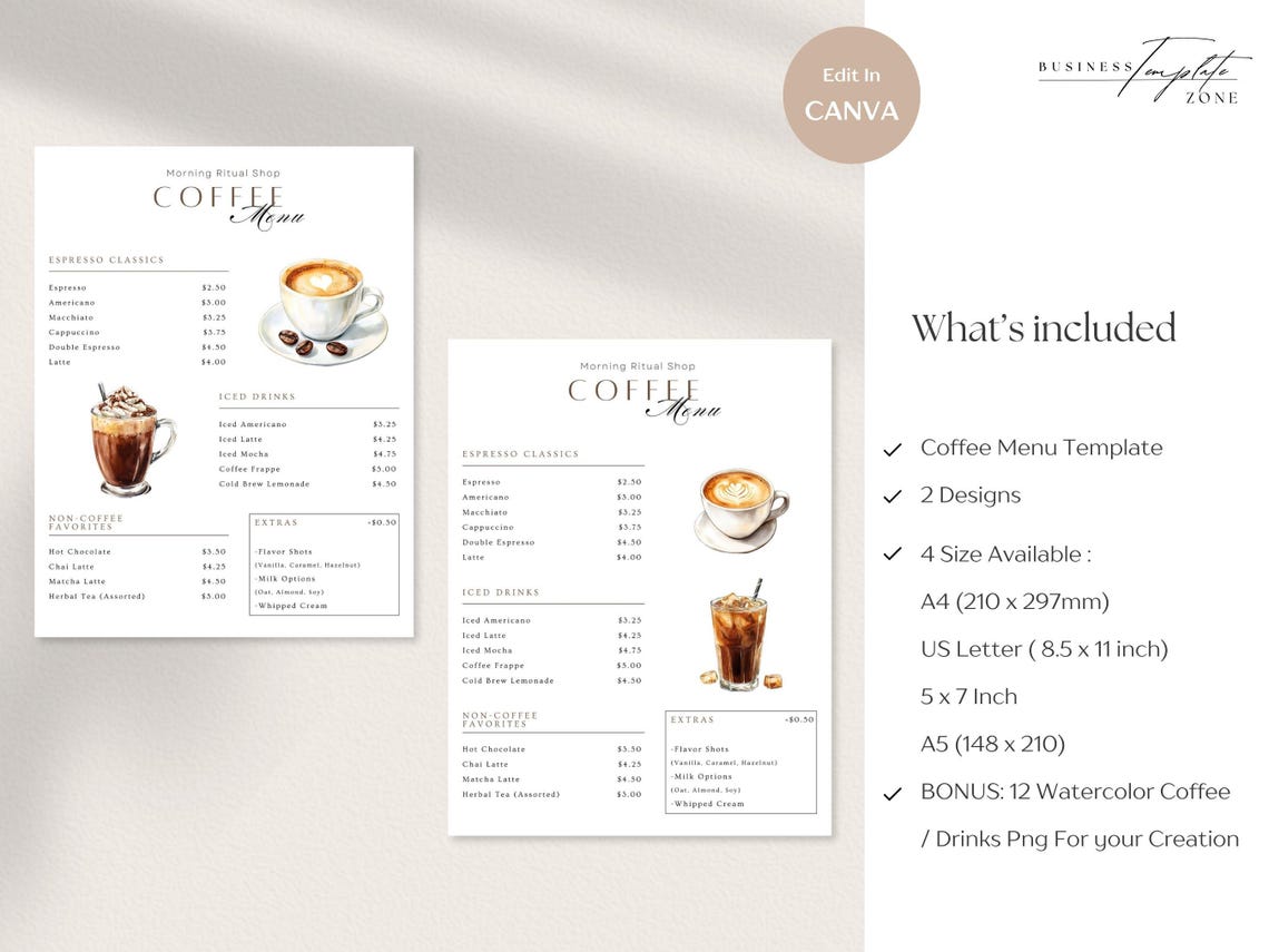 Coffee Menu Template, Editable Cafe Price List, Drink Menu Sign ...