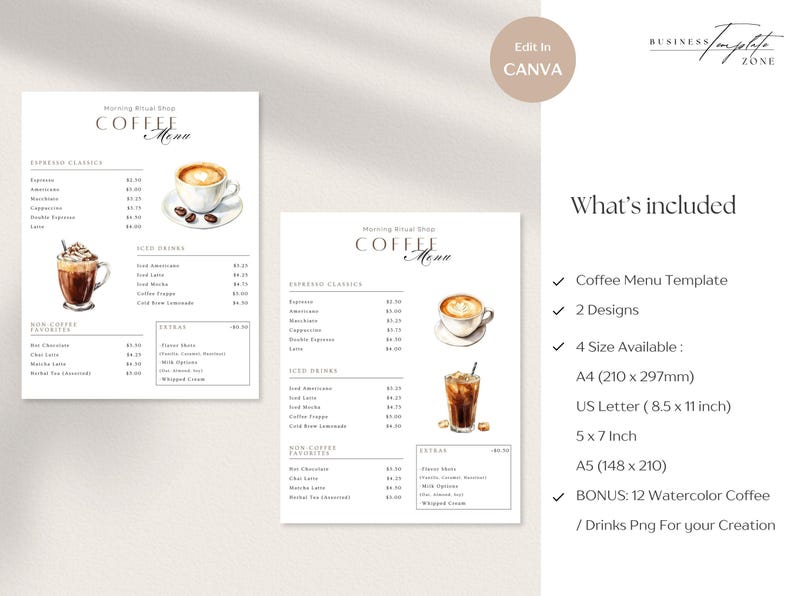 Coffee Menu Template, Editable Cafe Price List, Drink Menu Sign ...