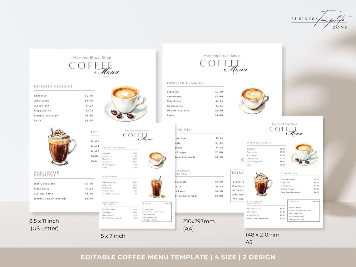 Coffee Menu Template, Editable Cafe Price List, Drink Menu Sign ...