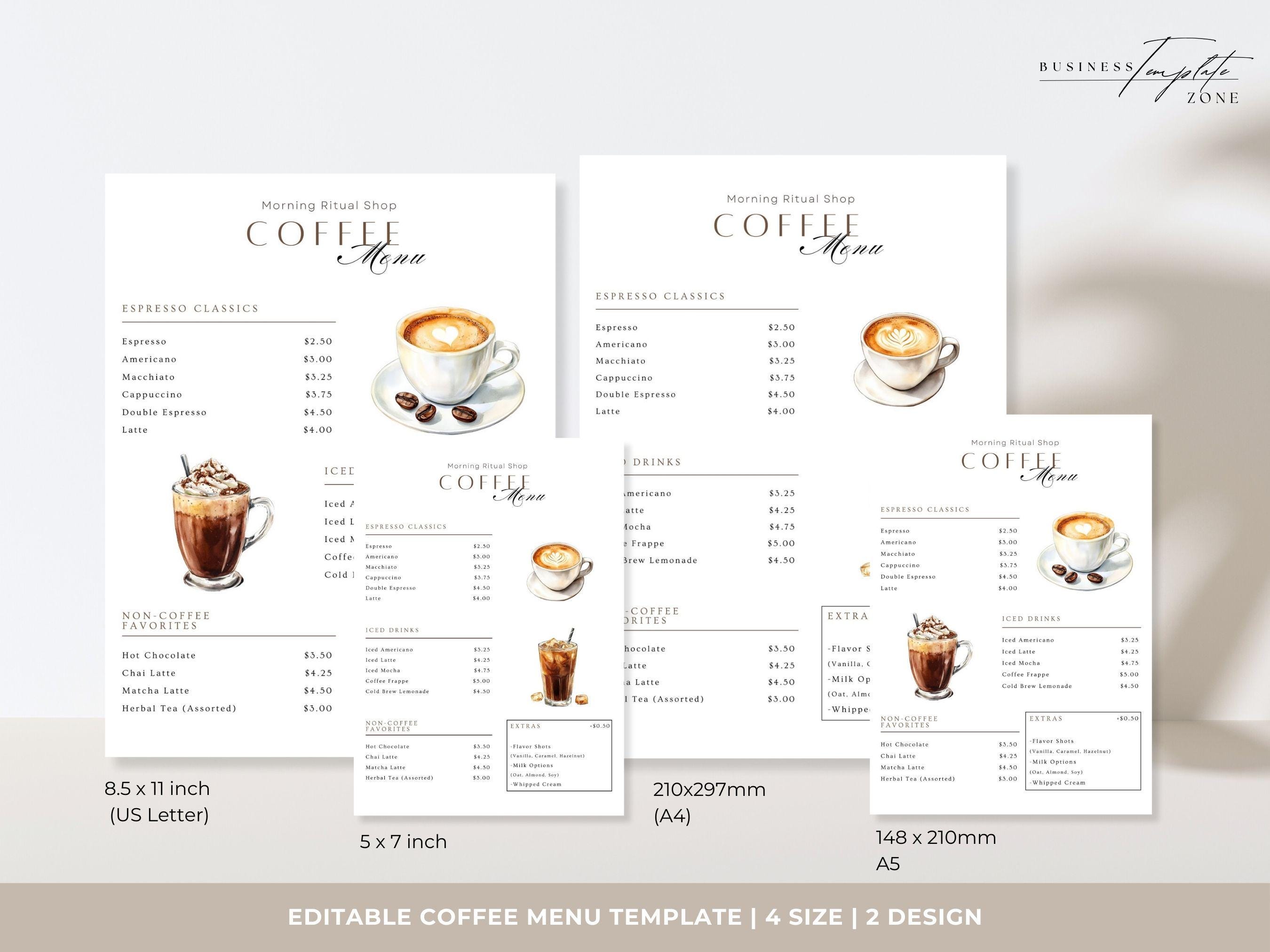 Coffee Menu Template, Editable Cafe Price List, Drink Menu Sign ...