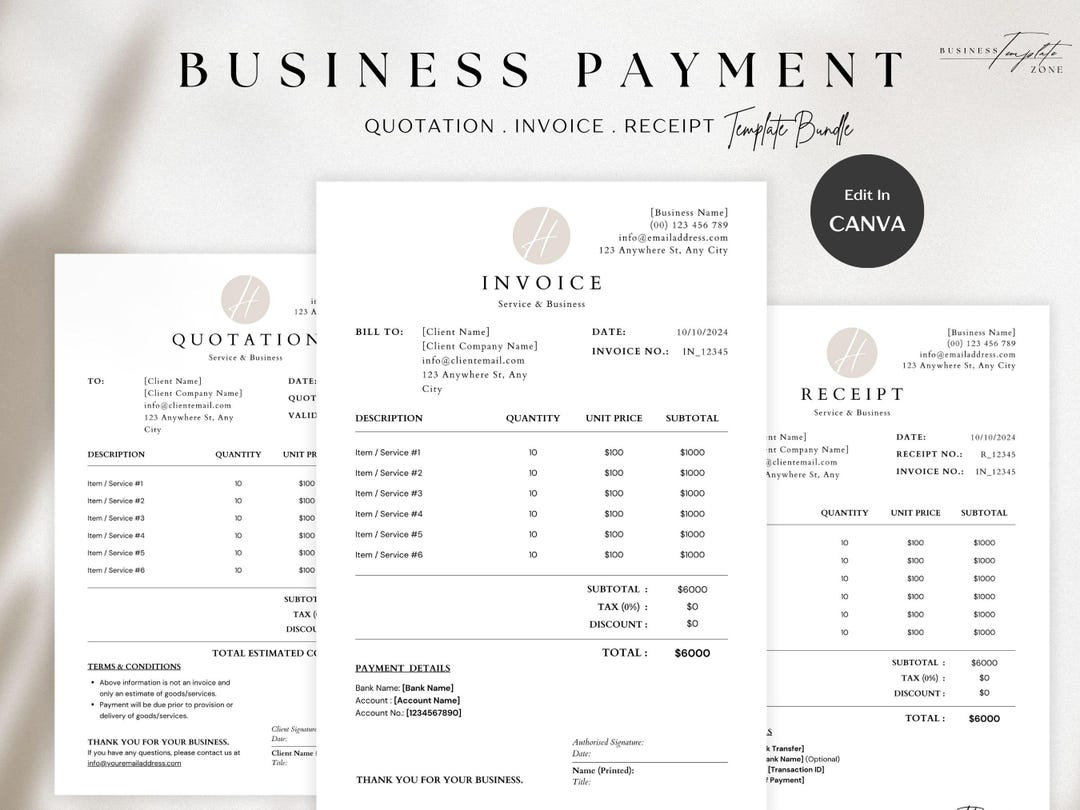 New Business Payment Template Bundle, Editable Invoice, Quote, Receipt ...