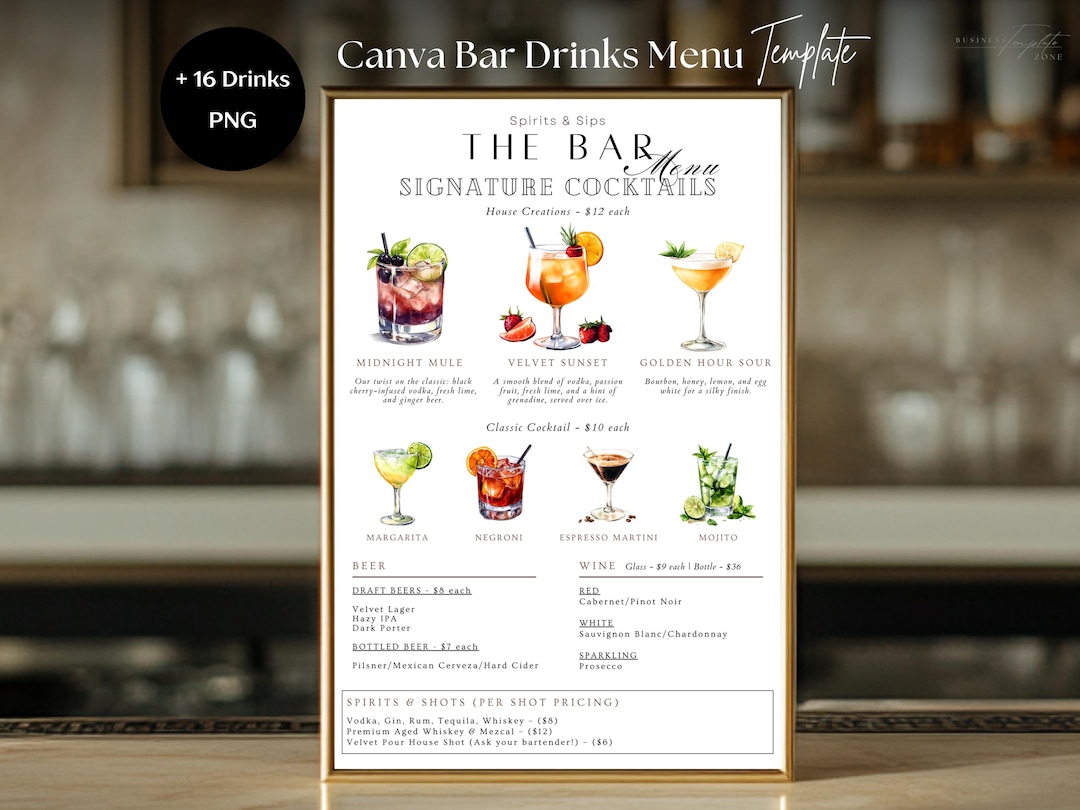 Bar Menu Template, Editable Drink Price List, Wine Beer Cocktails Menu ...