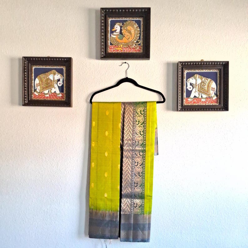 Fluorescent Green Kanchi Pattu Soft Silk Saree With Stitched Gray Hand ...