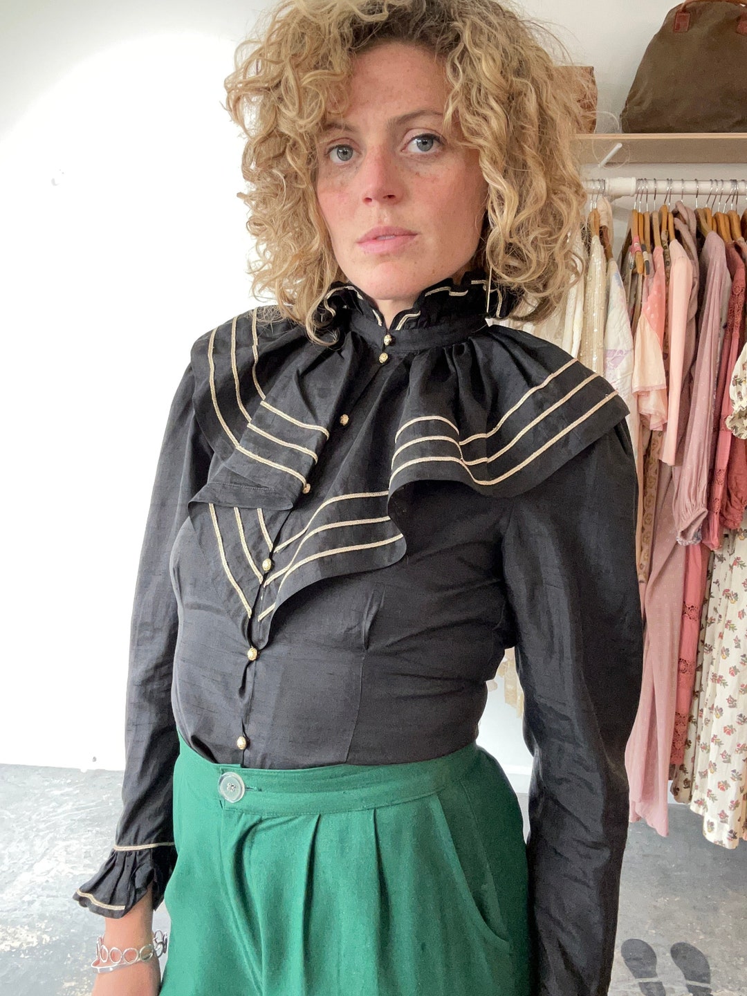 Vintage Genet Amant Black Ruffle Silk Blouse With Gold Piping - Etsy