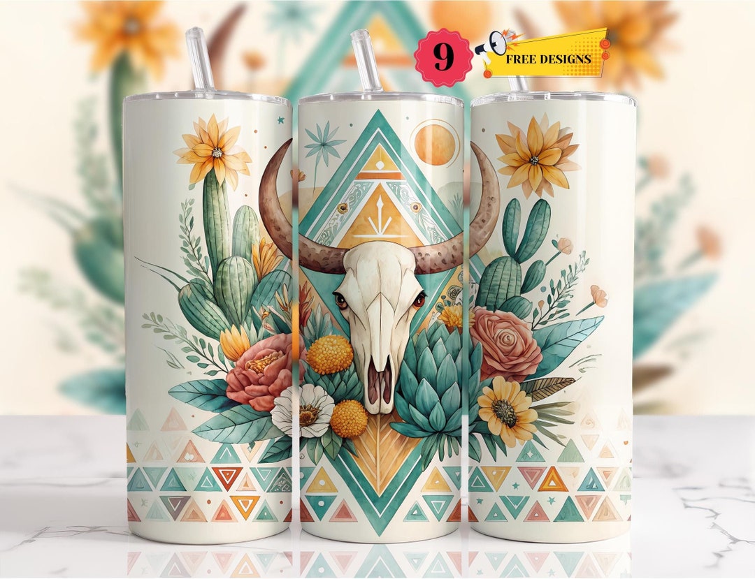 Boho Bull Skull Tumbler Wrap: Aztec Cactus Design (digital Download) - Etsy