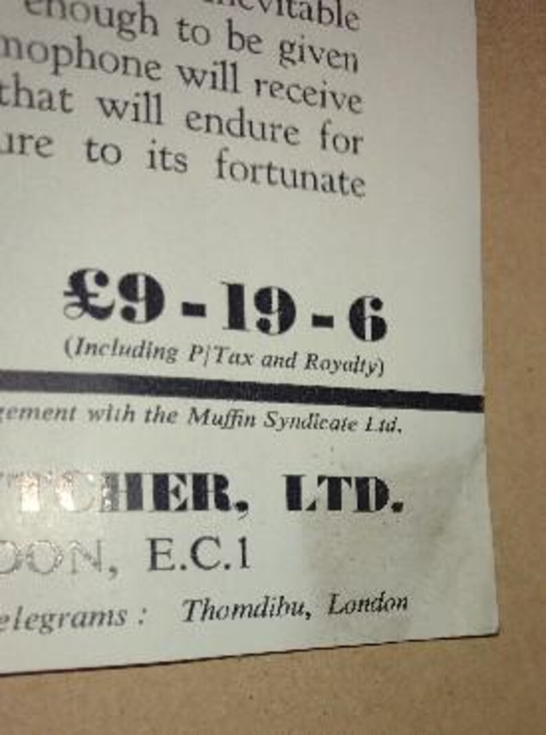 Vintage MUFFIN THE MULE Advertising Flyer for Muffin Nursery Gramophone ...