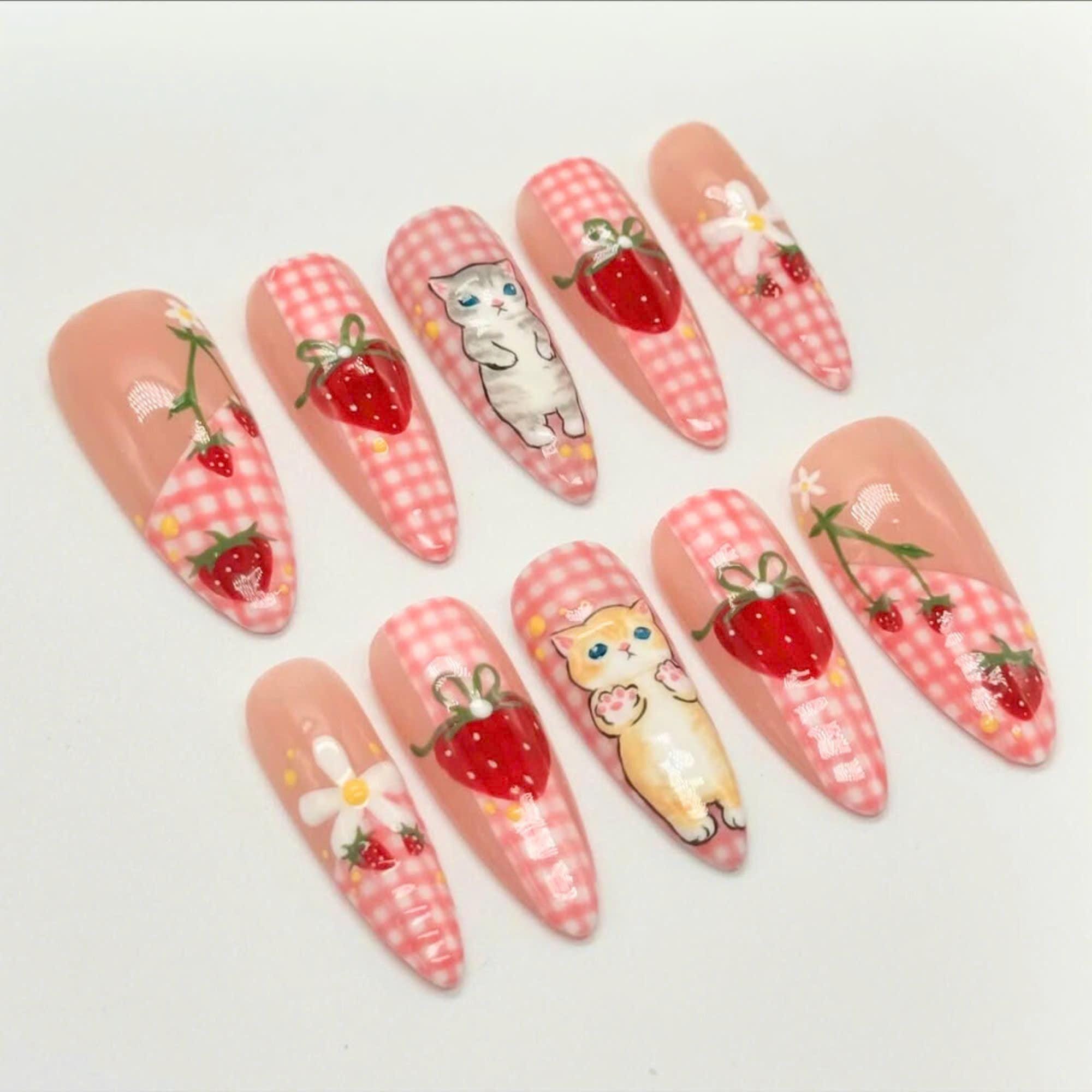 Cute Fat Cat Press on Nails, Handmade Funny Nail Set With Strawberry ...
