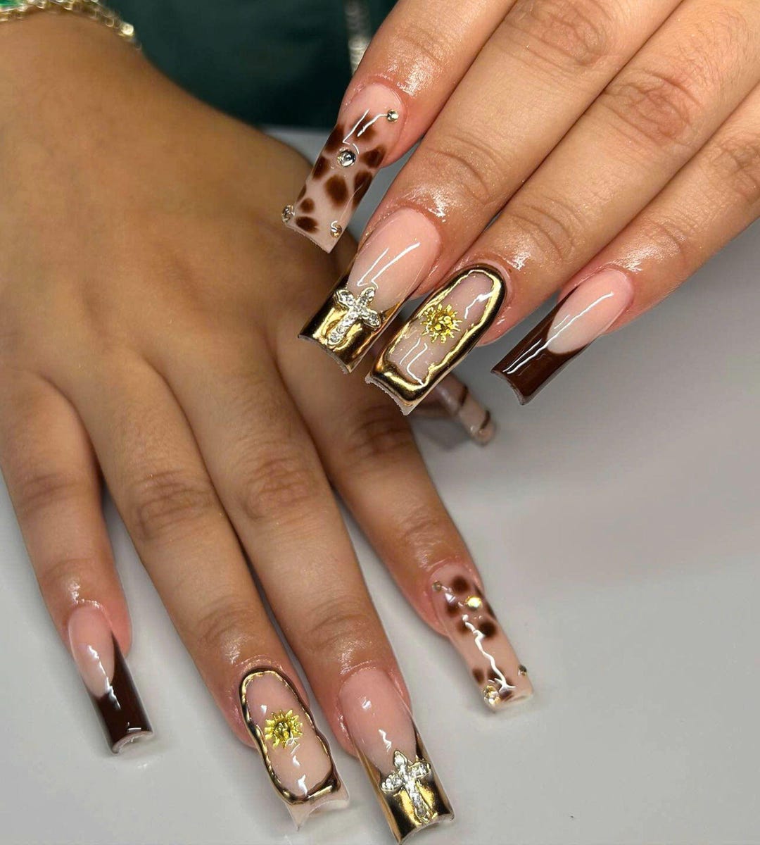 French Tips Meet 3D Gel Chrome Gold Cross, Dazzling Gems Press on Nails ...
