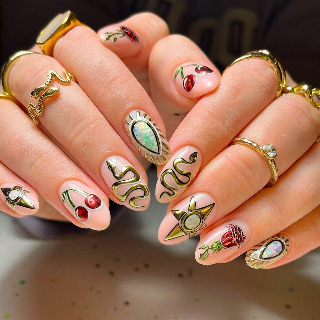 Snack and Rose Press on Nails, Unique New Year Nails, 3D Raised Nail ...