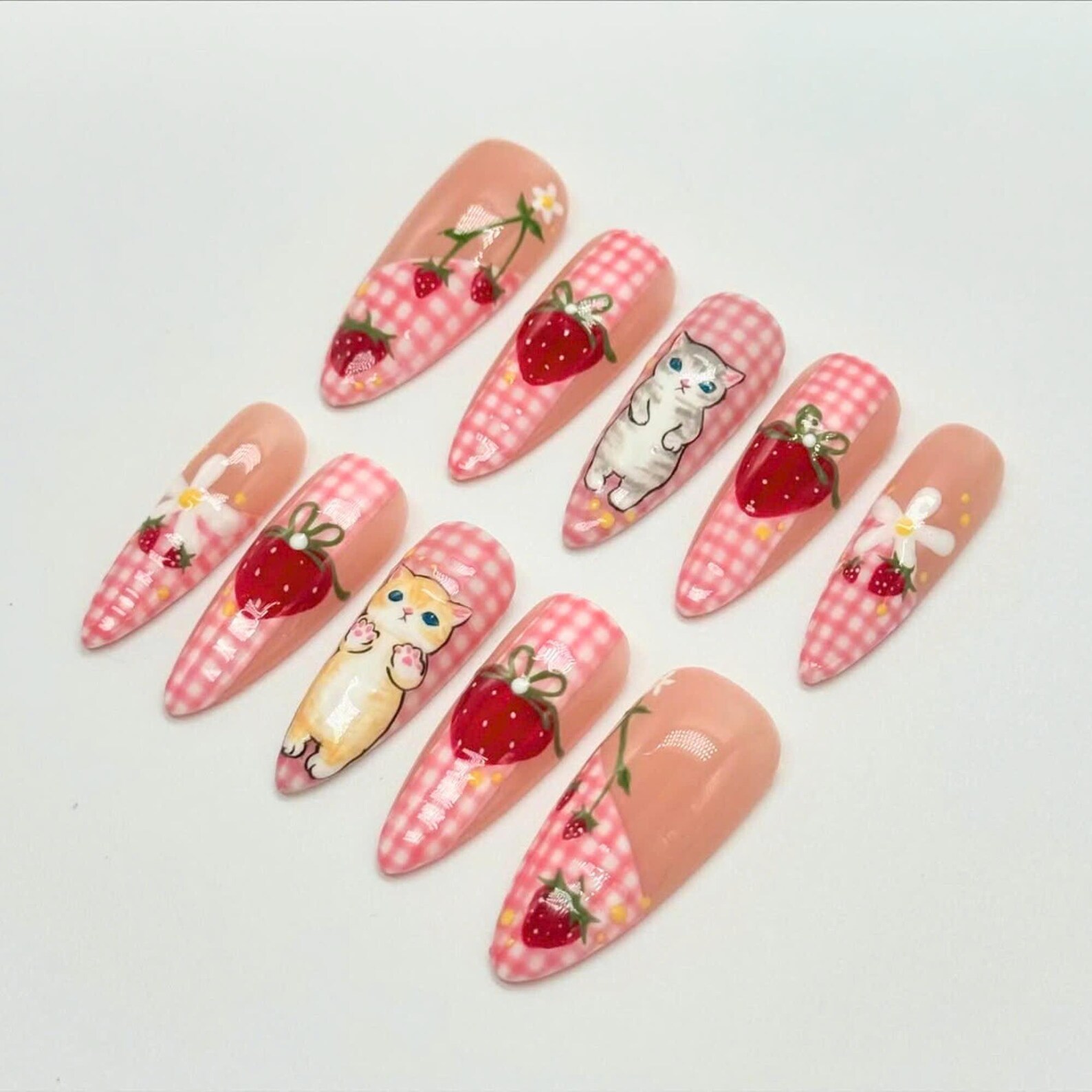 Cute Fat Cat Press on Nails, Handmade Funny Nail Set With Strawberry ...