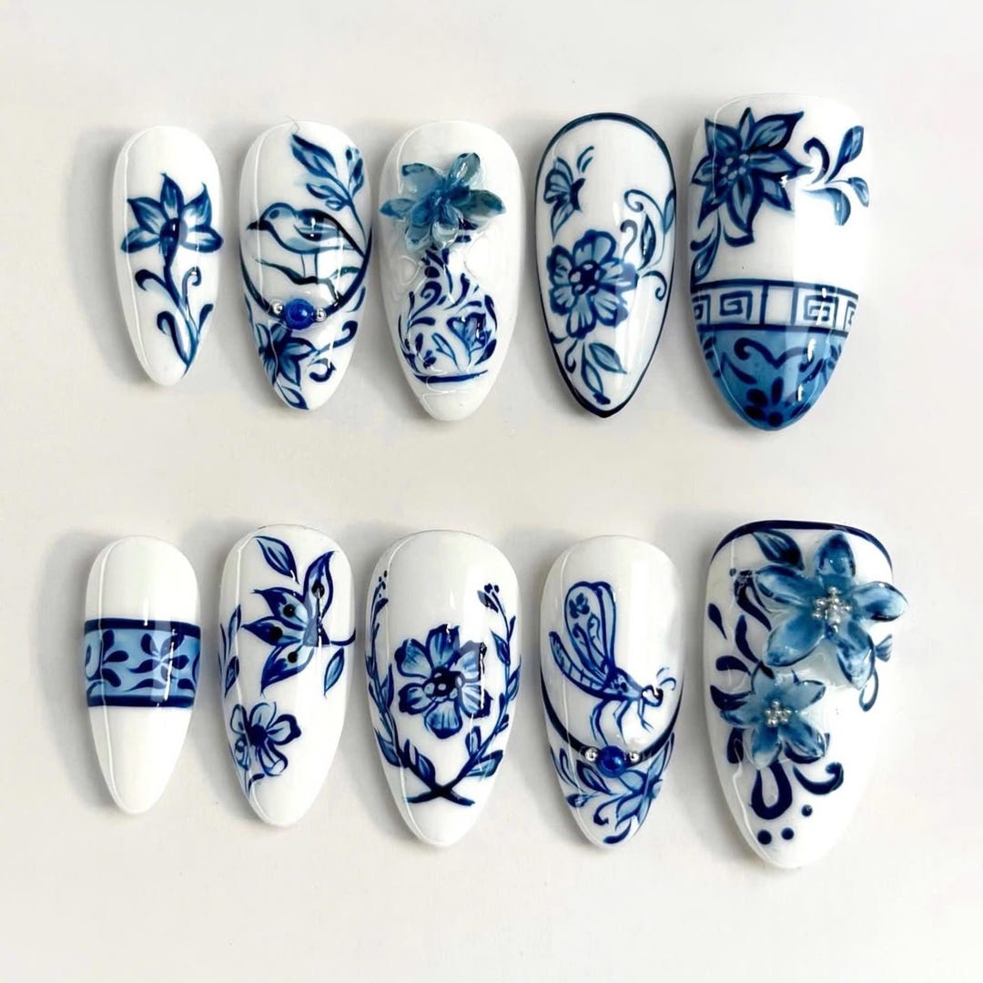 Hand-painted Blue Porcelain Press on Nails, Almond Nail Set With Flower ...