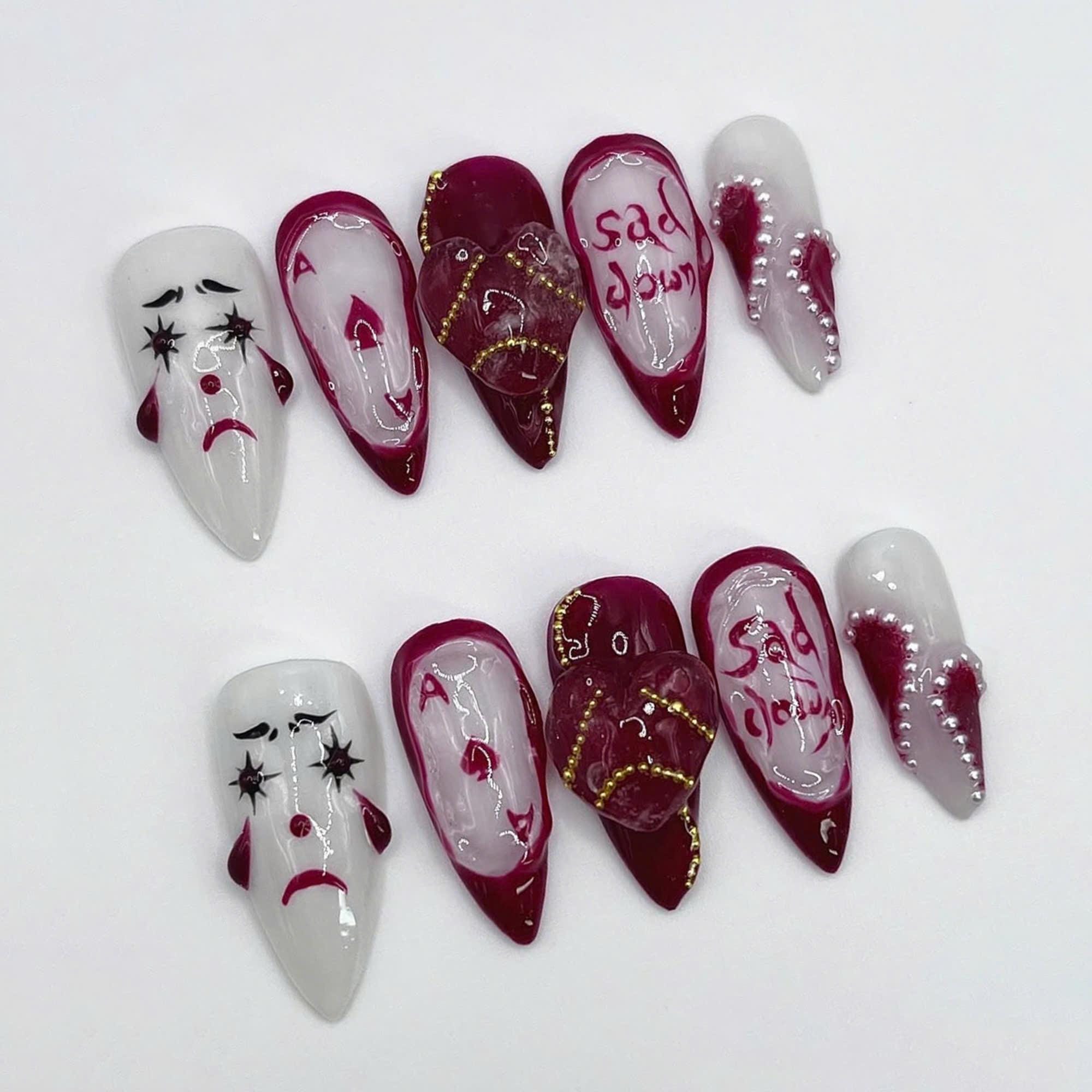 Sad Down Press on Nail, Stunning Clown Almond Nail Set, Red Nail ...
