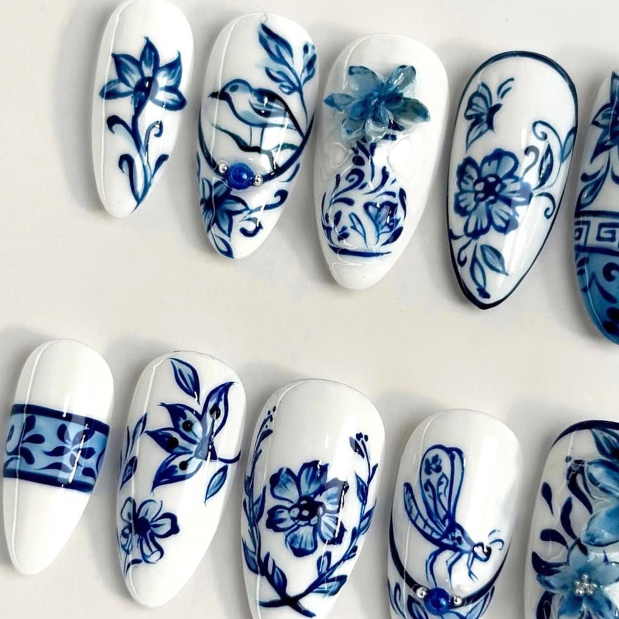 Hand-painted Blue Porcelain Press on Nails, Almond Nail Set With Flower ...