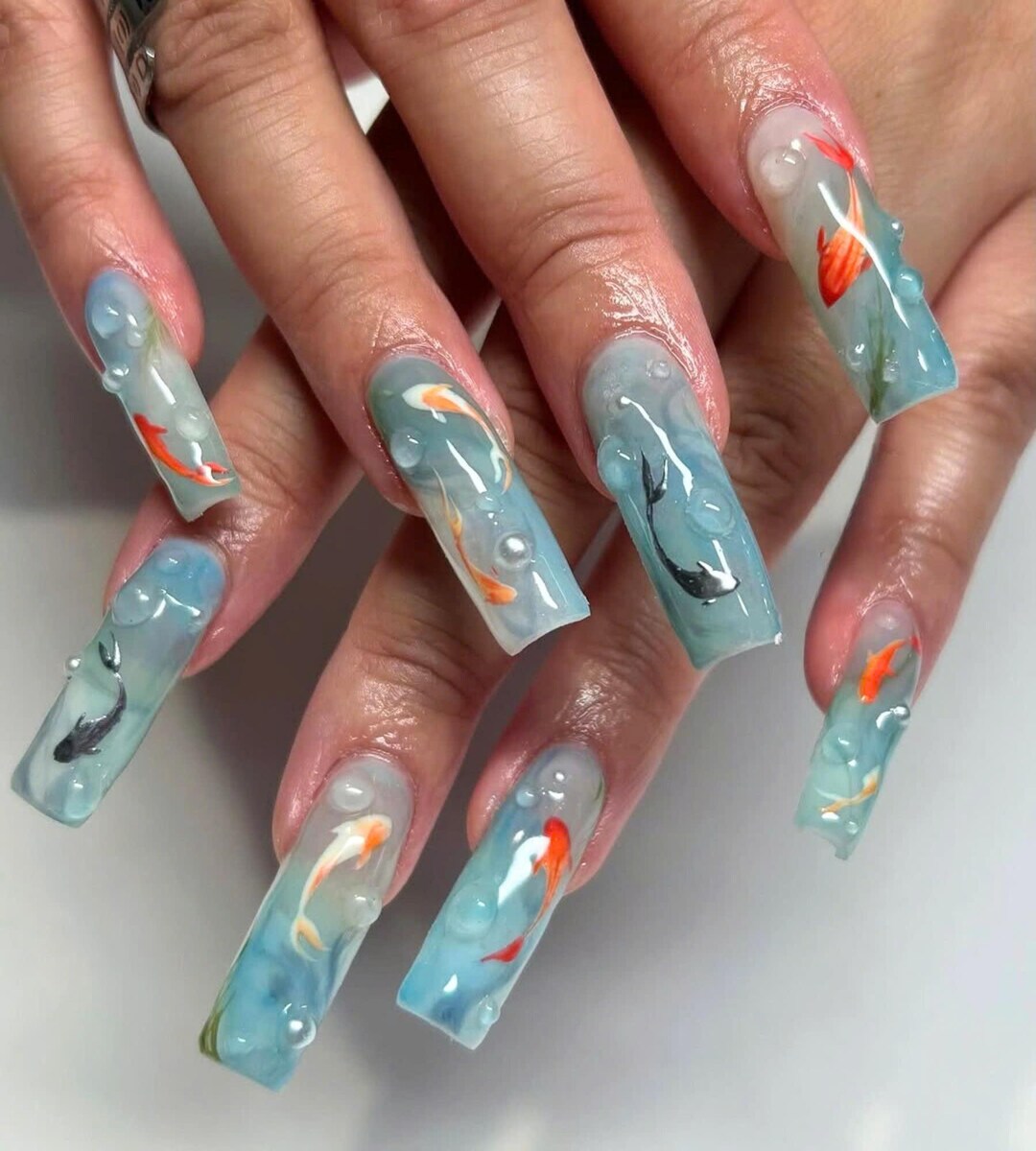 Koi Pond Press on Nails, Fall Floral Fake Acrylic Nails, Blossoming ...