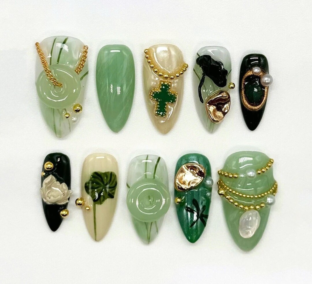 Asian Nail Art Inspired Press on Nails, Lucky Almond Nail Se Witj Jade ...