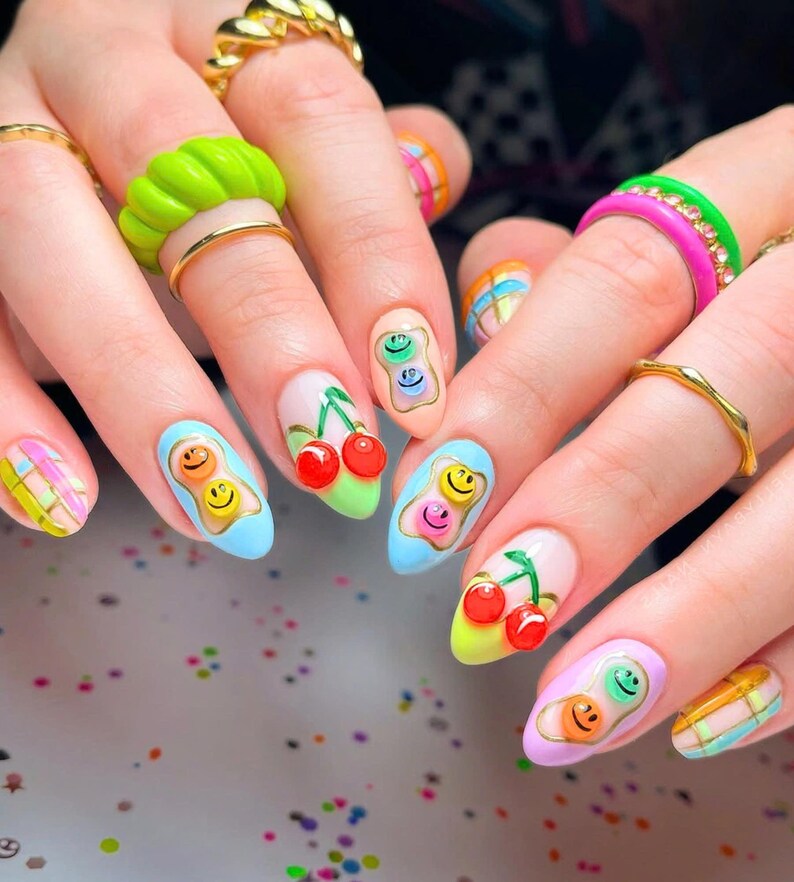 Happy Smile Press on Nails, Unique Fun Nail Art in Fake Nails With ...