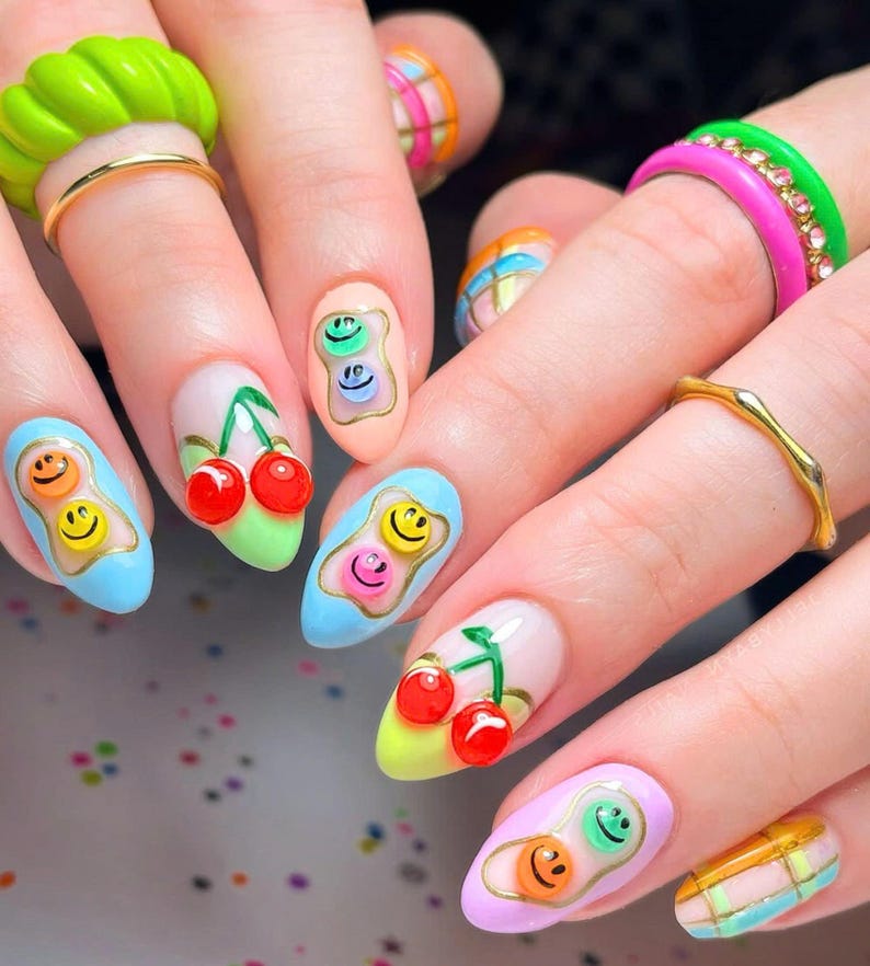Happy Smile Press on Nails, Unique Fun Nail Art in Fake Nails With ...