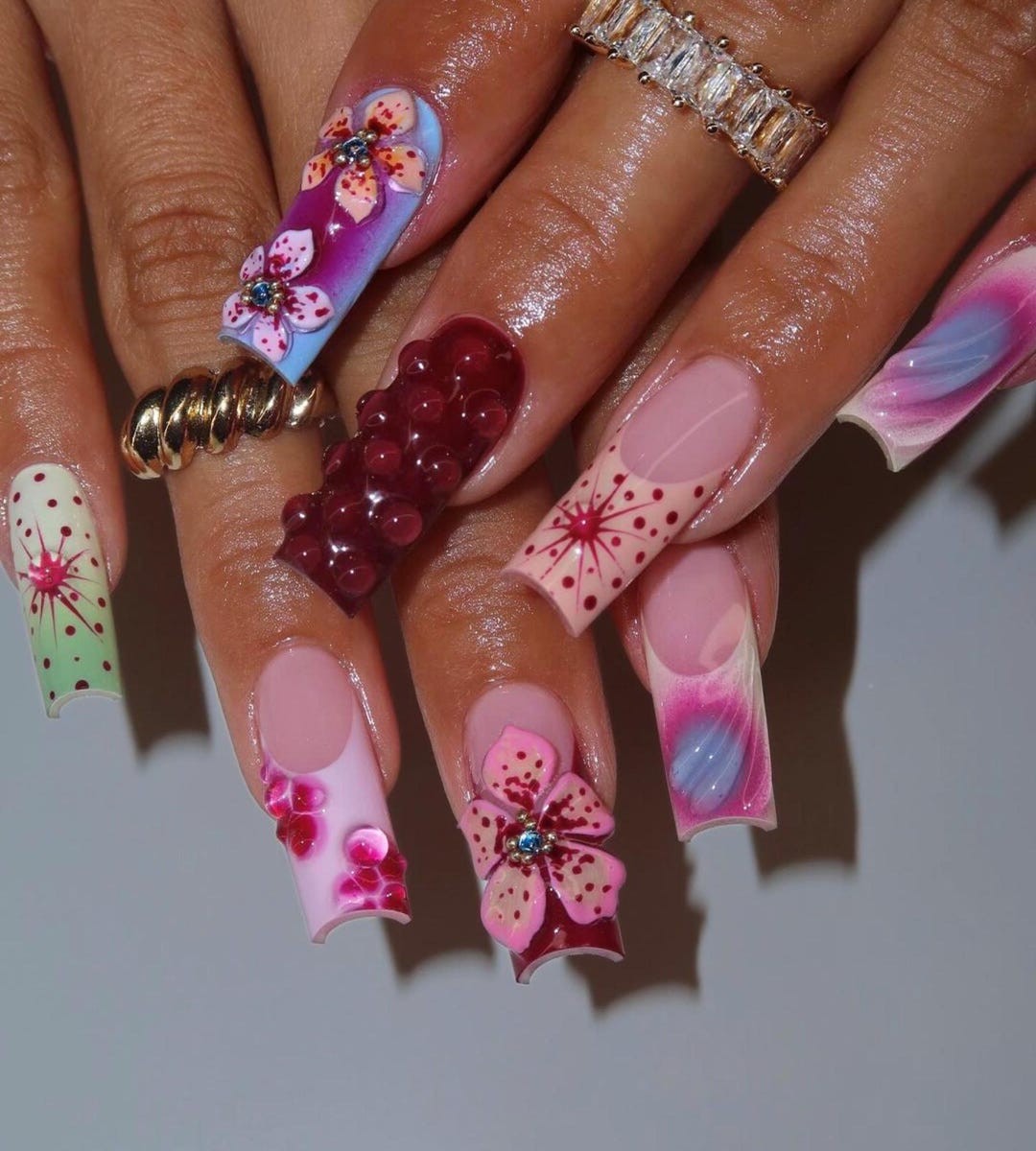 Colorful 3D Flowers Press on Nails, Custom 3D Flower Square Fake Nails ...