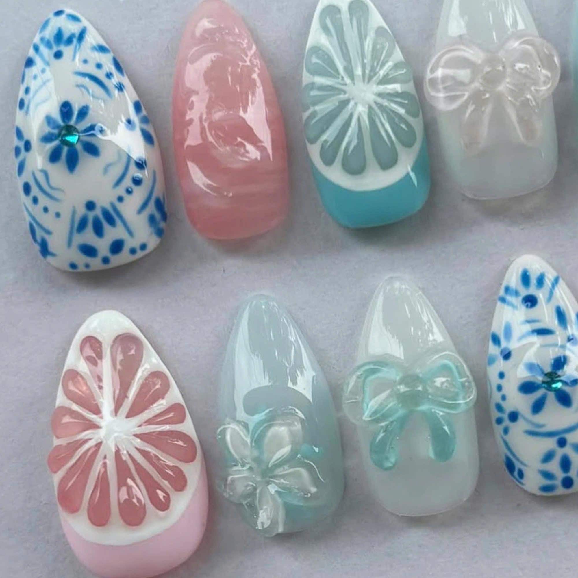 Citrus, Blue Porcelain Press on Nails, Summer Nail Set With Flower, Bow ...