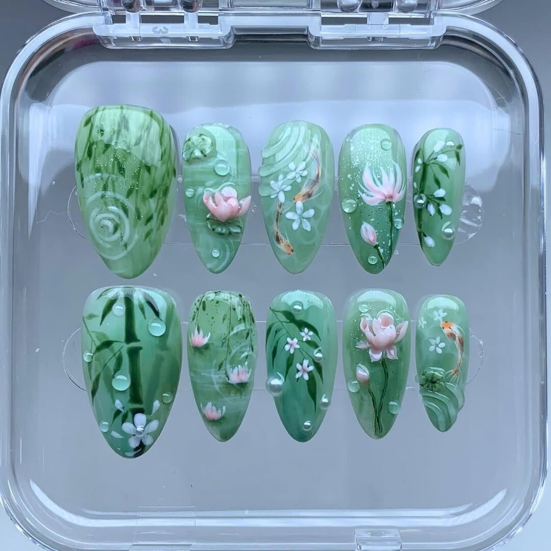 Asian Nail Art Inspired Press on Nails, Blue Unique Almond Nail Set ...