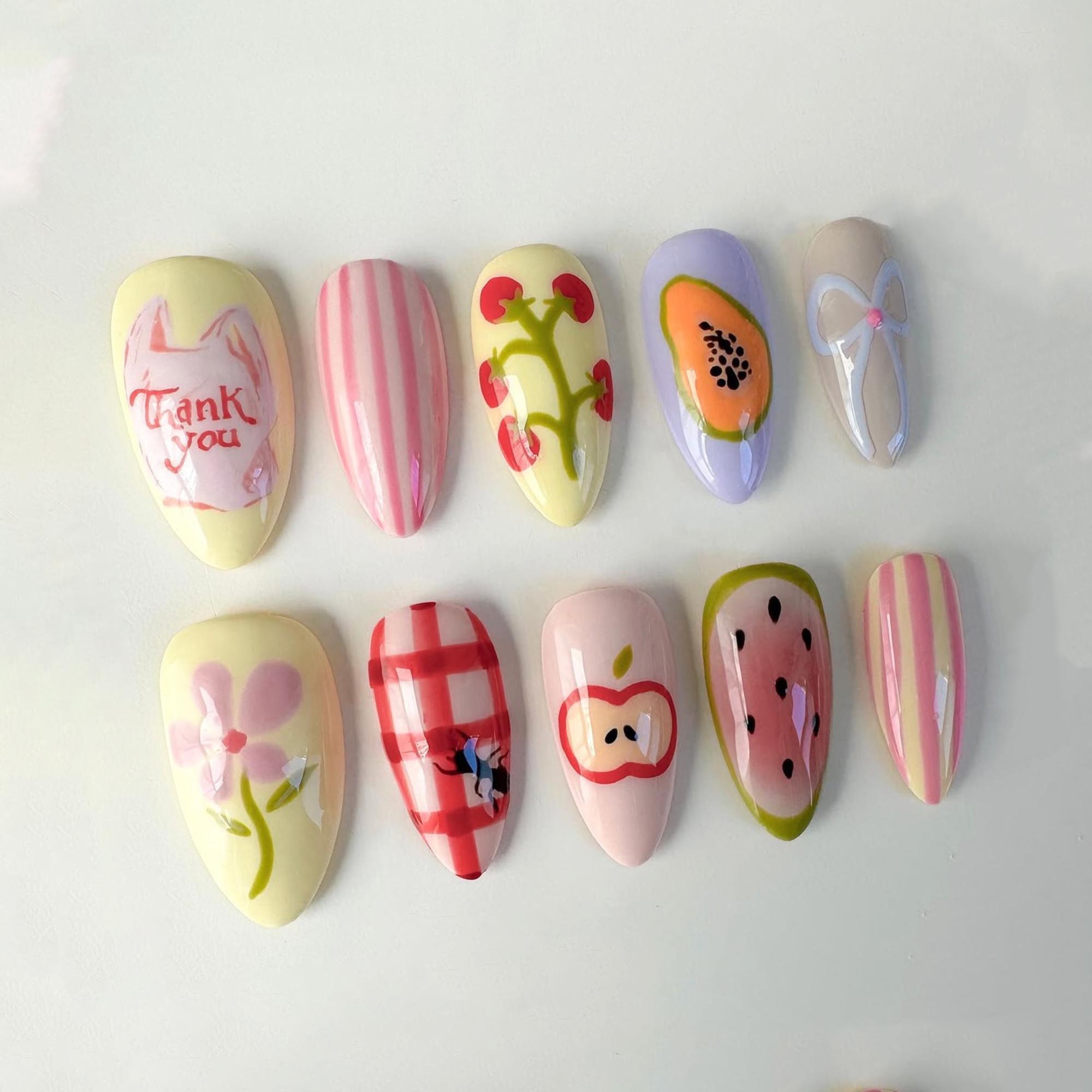 Fruit Garden Inspired Press on Nail, Handmade Acrylic Fake Nail Art ...
