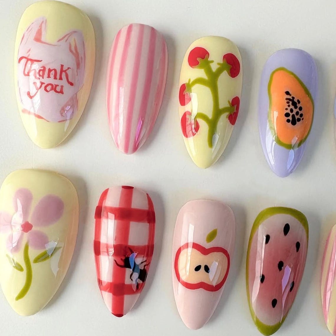 Fruit Garden Inspired Press on Nail, Handmade Acrylic Fake Nail Art ...