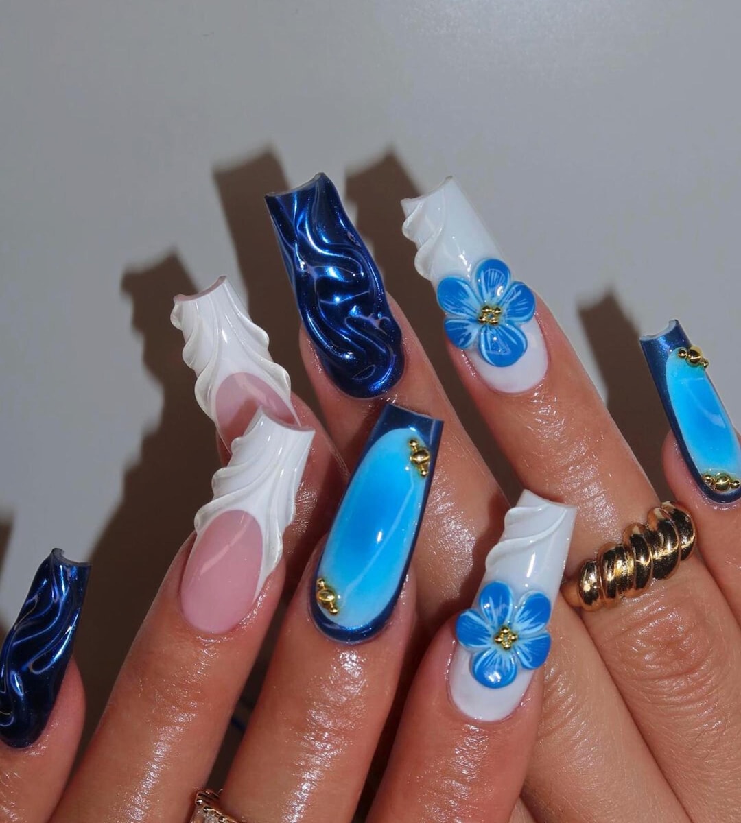 Luxury Blue Square Press on Nails, Elegant Flower Fake/false Nails, 3D ...